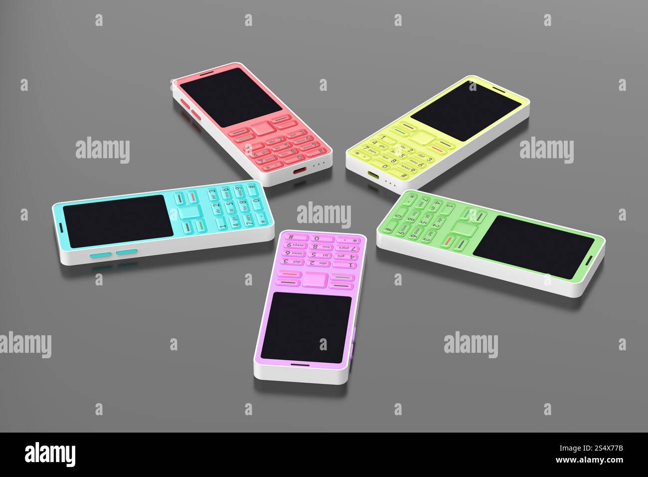 Group of five mobile phones with different colors on a shiny grey ...