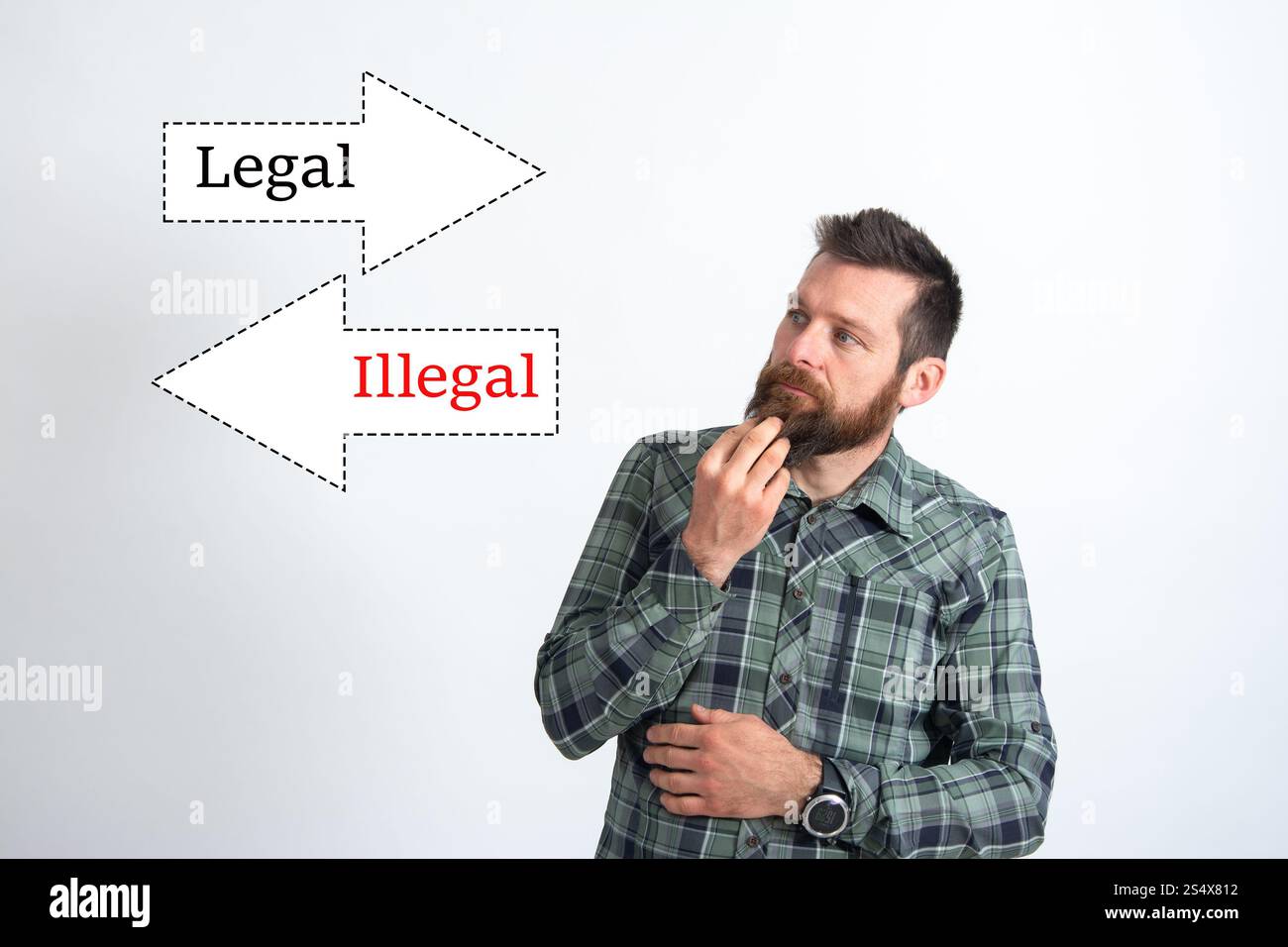 Legal vs illegal concept follow the rules and laws business man looking ...