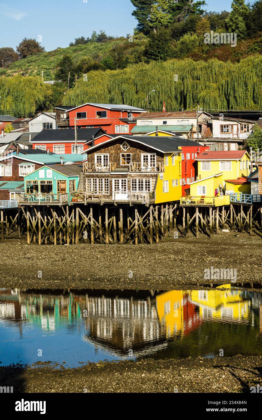 Traditional stilt houses by the sea, Castro village, Chiloé Island, Patagonia, Republic of Chile ...
