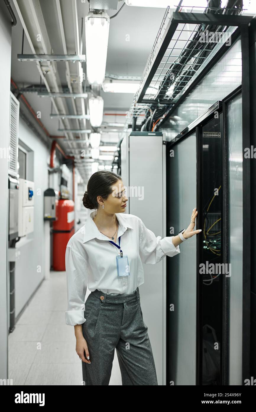 A woman in a white shirt manages server hardware within a contemporary ...