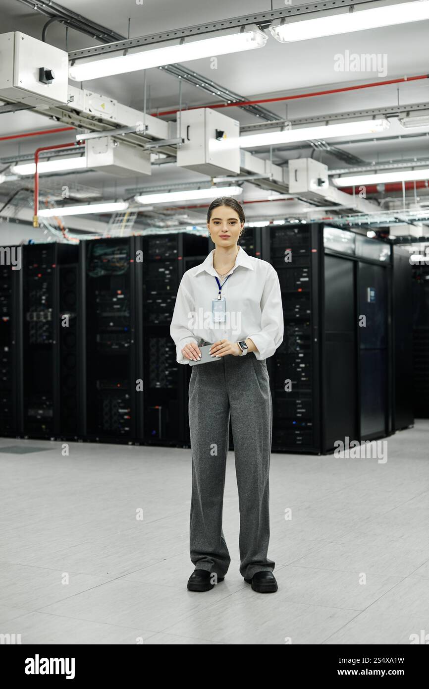 A woman in a white shirt works hard in a busy server room, keeping ...