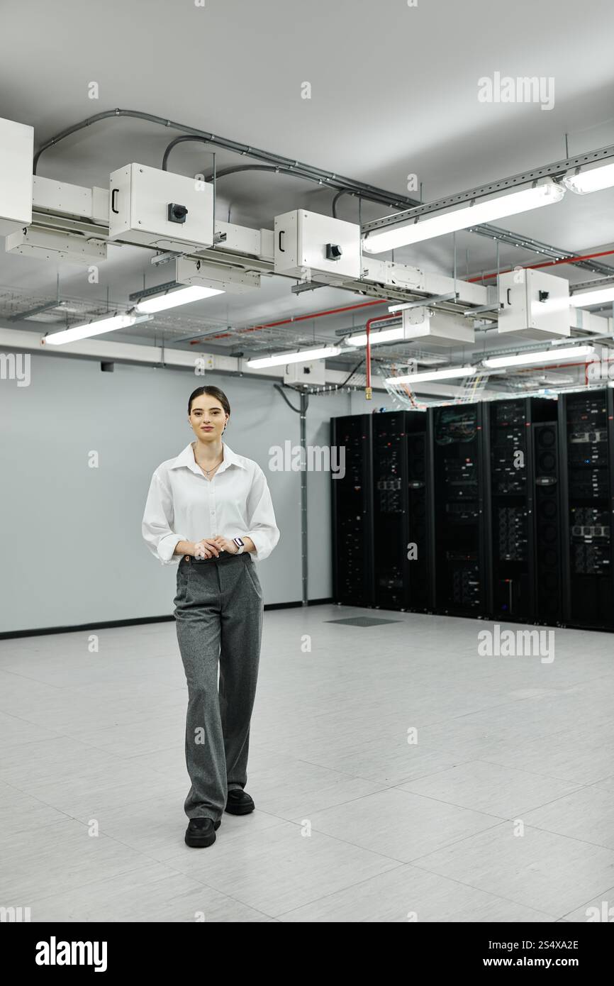 IT expert in a white shirt manages tasks in a modern server room Stock ...