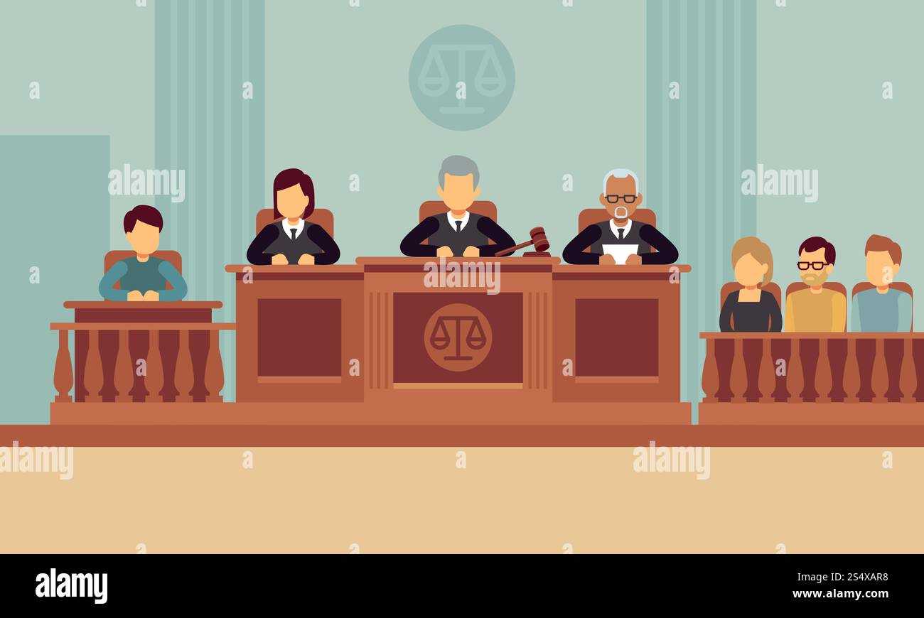 Courtroom interior with judges and lawyer. Justice and law vector ...
