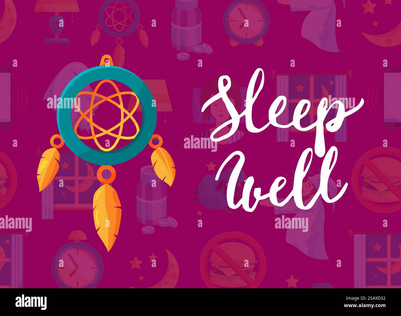 Vector background with cartoon sleep elements, dreamcatcher and ...