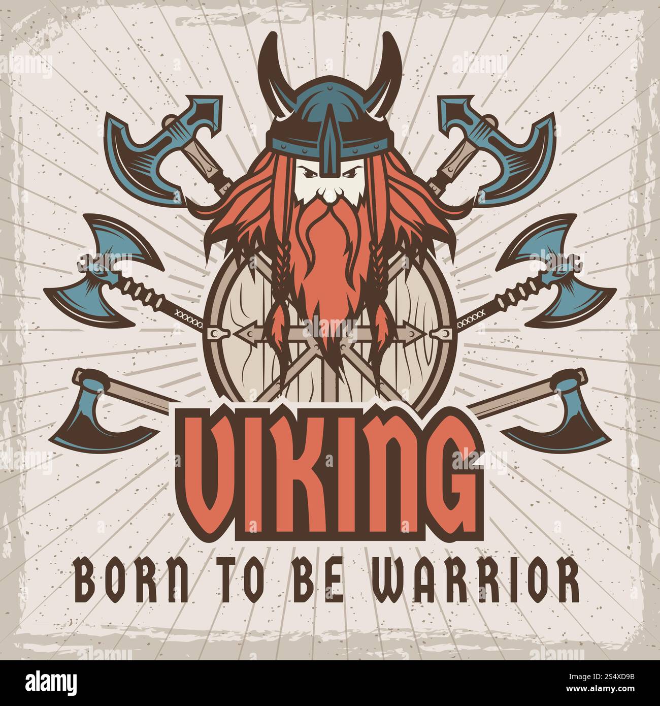 Poster with barbarian warrior with weapons. Template with place for ...