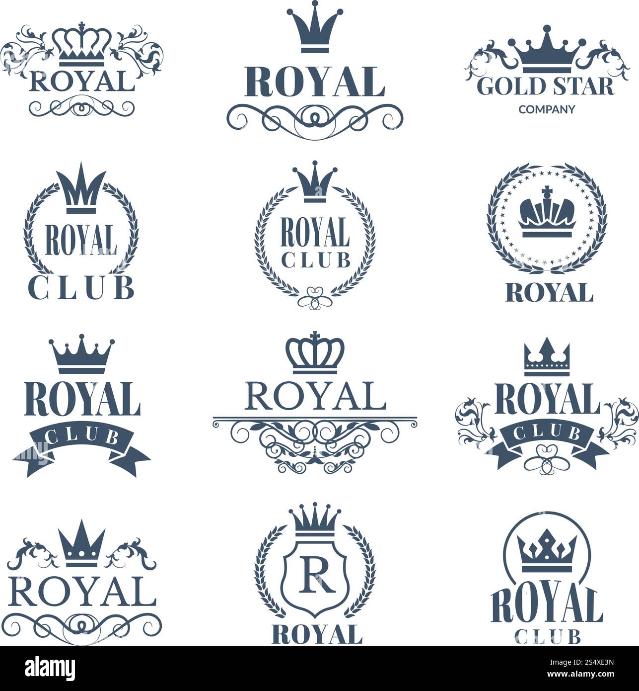 Set of luxury labels set with crowns. Royal logos and badges with place ...