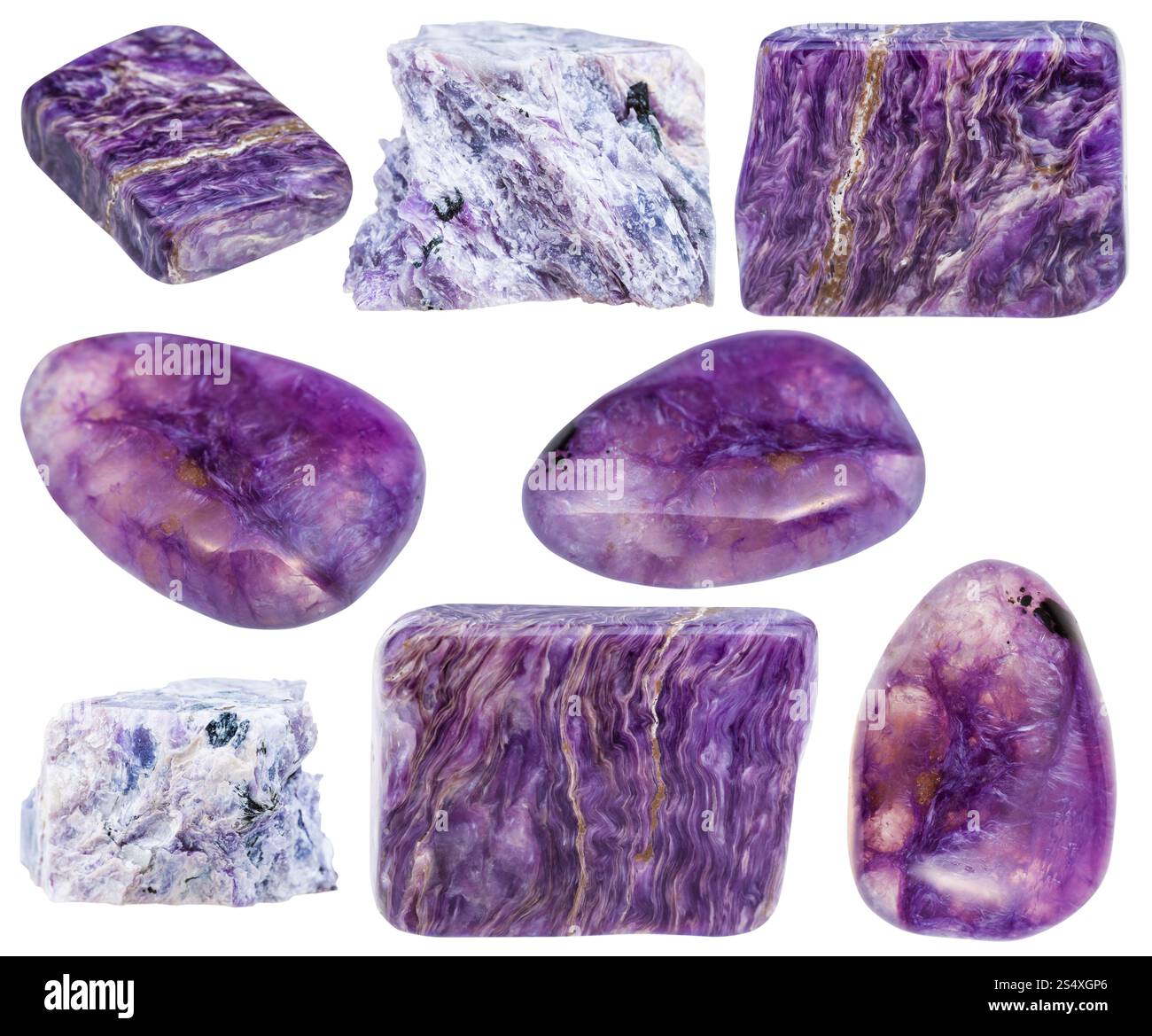 set of various natural mineral stones - charoite polished gemstones and ...