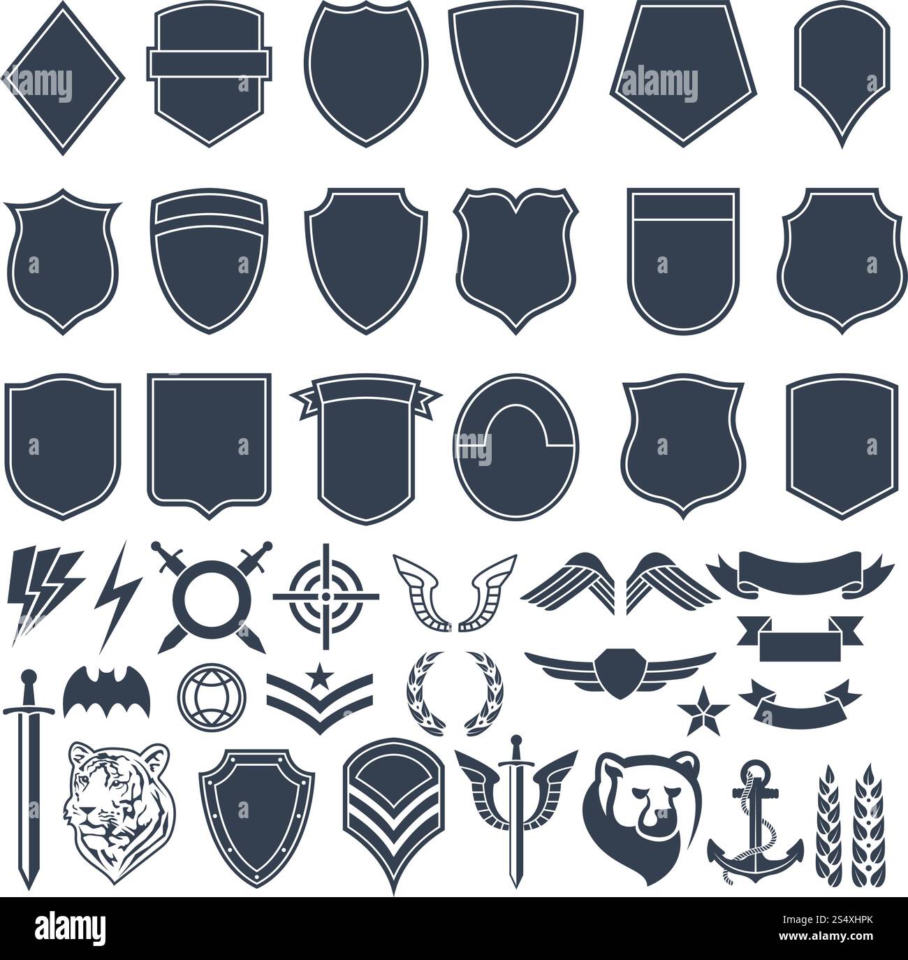 Set of empty shapes for military badges. Army monochrome symbols ...