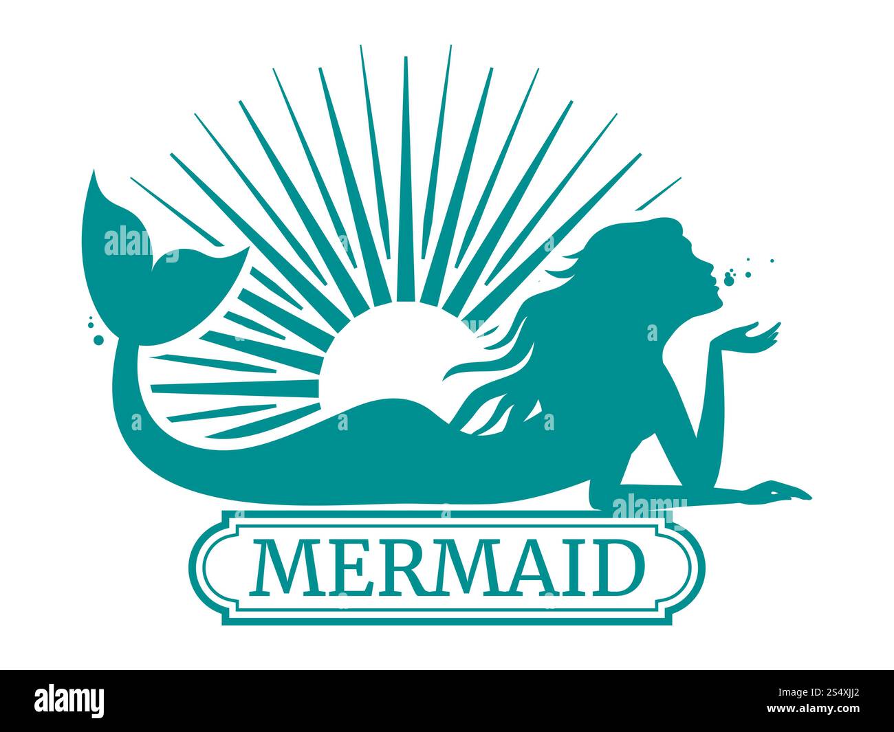 Mermaid silhouette and sun label design isolated on white. Vector ...