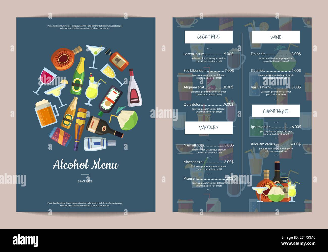 Vector vertical menu template with alcoholic drinks in glasses and ...