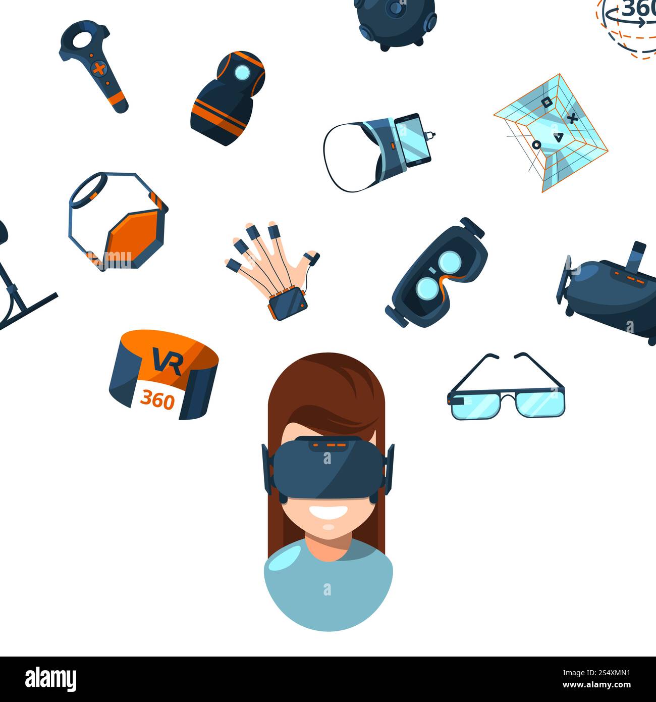 Vector concept illustration with flat style virtual reality elements ...