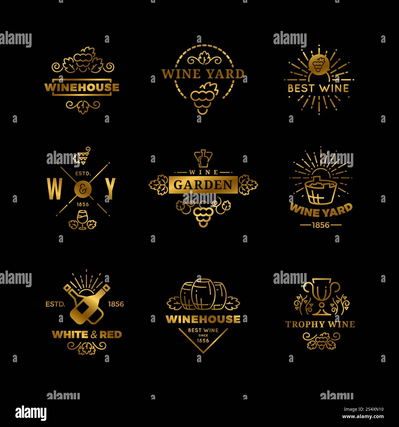 Golden vector wine logos and emblems isolated on black background illustration. Vector wine ...