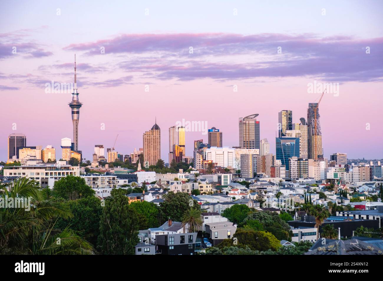 Auckland skyline at dusk featuring the iconic Skytower and downtown ...