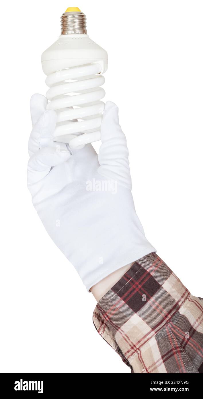 hand in shirt and textile glove holds compact fluorescent lamp isolated ...