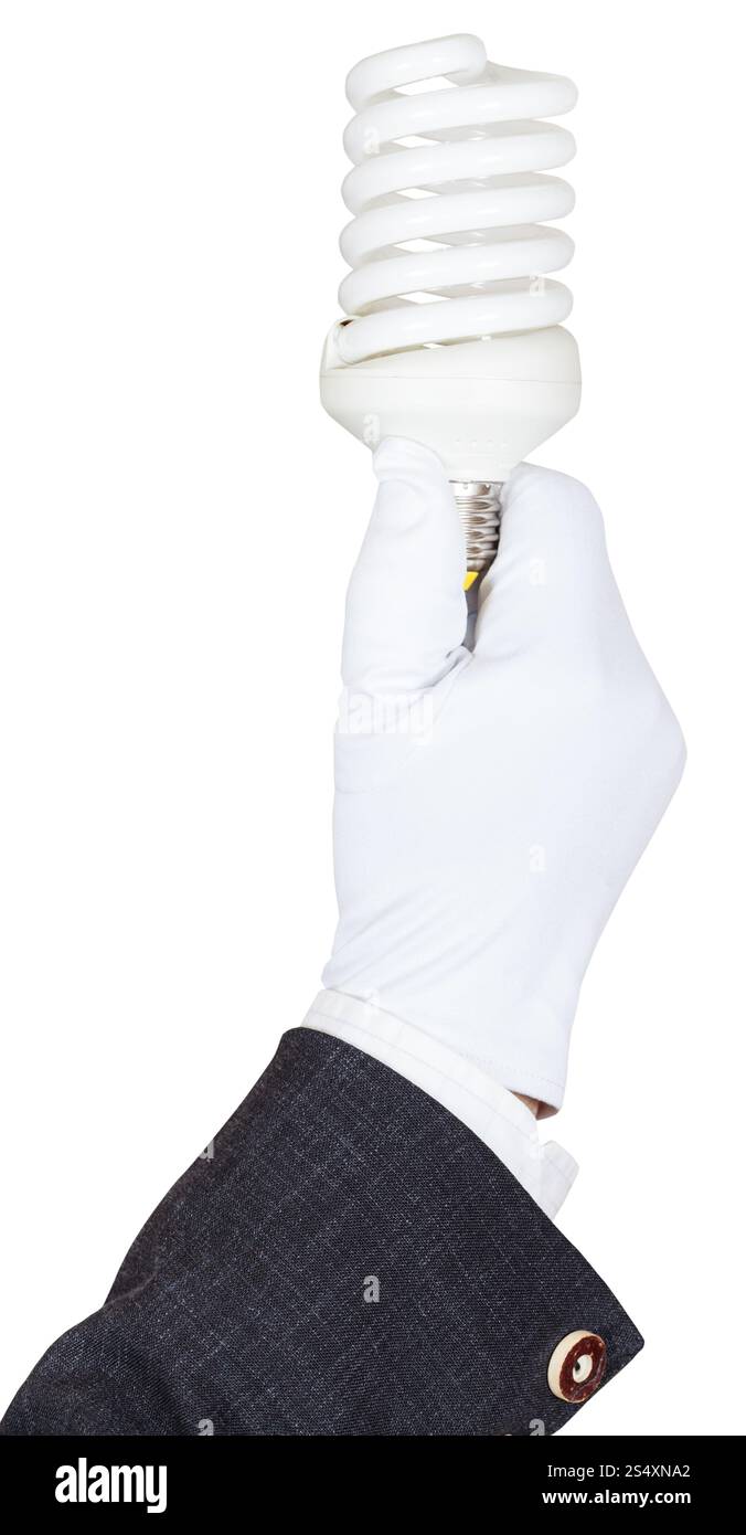 male hand in jaket and textile glove holds compact fluorescent lamp ...