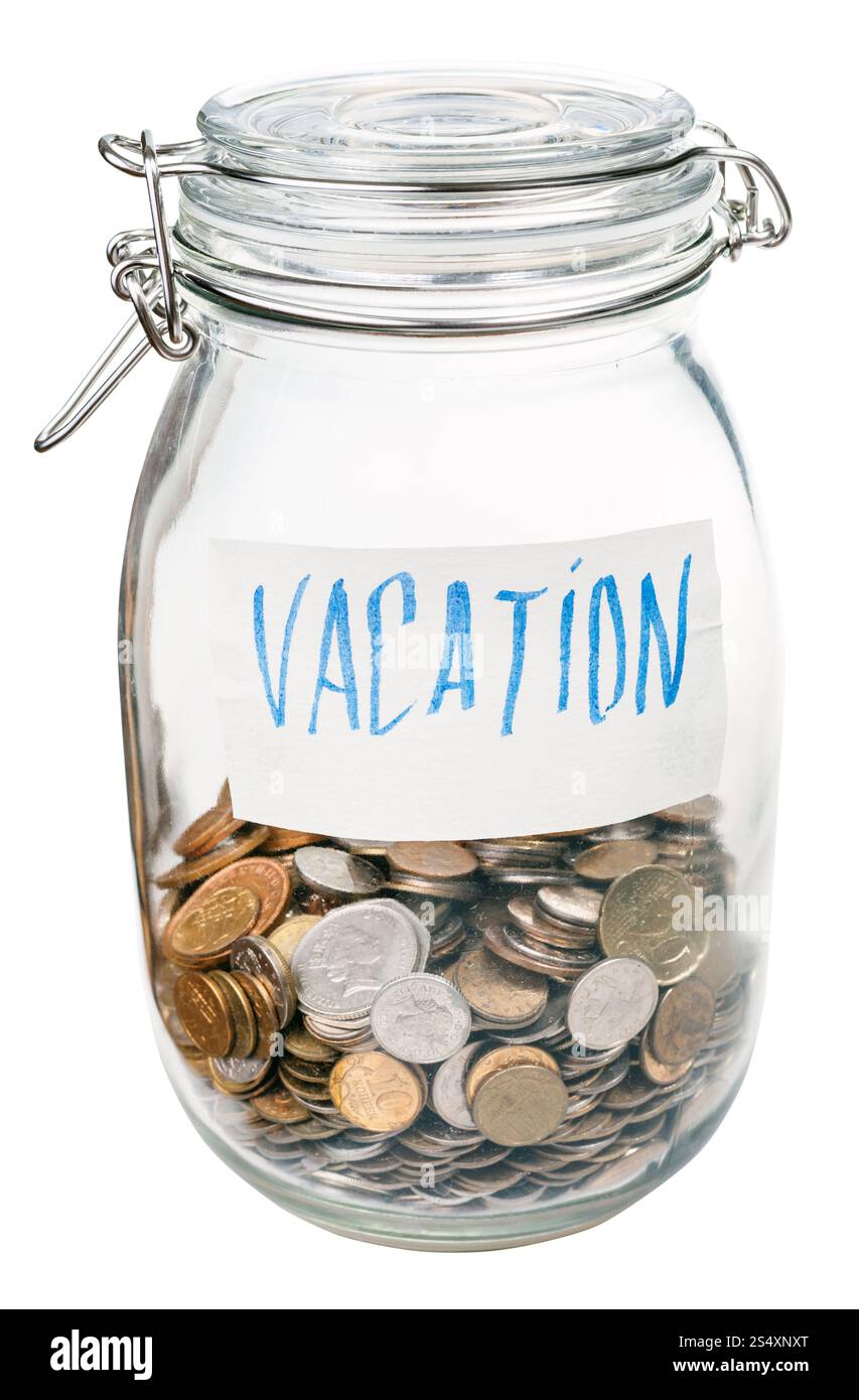 saved coins for vacation in closed glass jar isolated on white ...