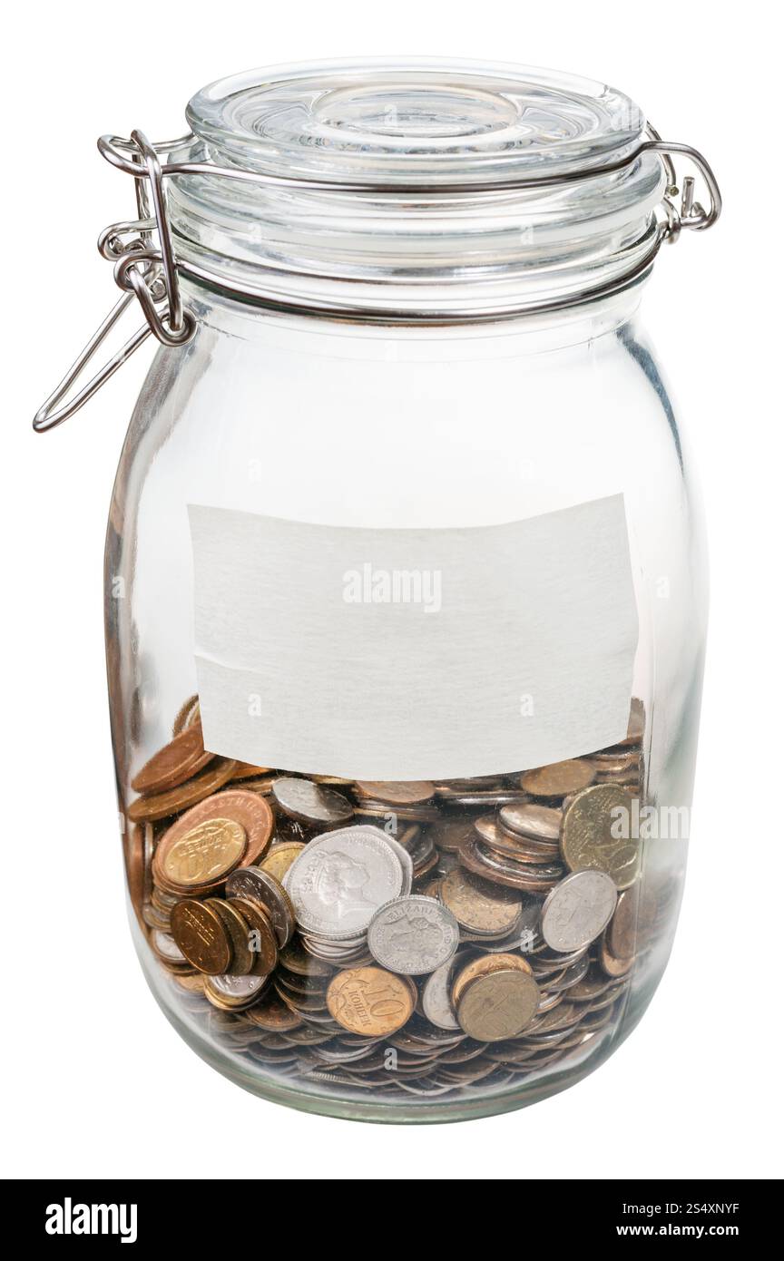 closed glass jar with empty label and saved coins isolated on white ...