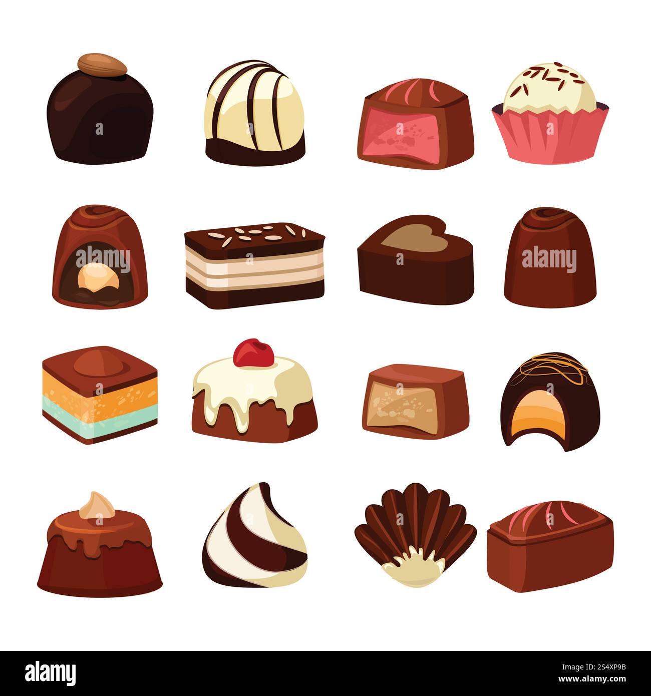 Chocolate sweets with different fillings. Vector illustrations in ...