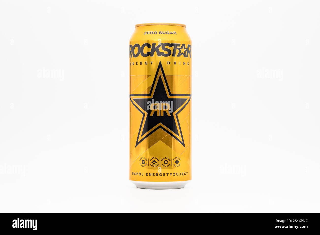 Rockstar Energy Drink Zero Sugar beverage in the new design. The golden ...