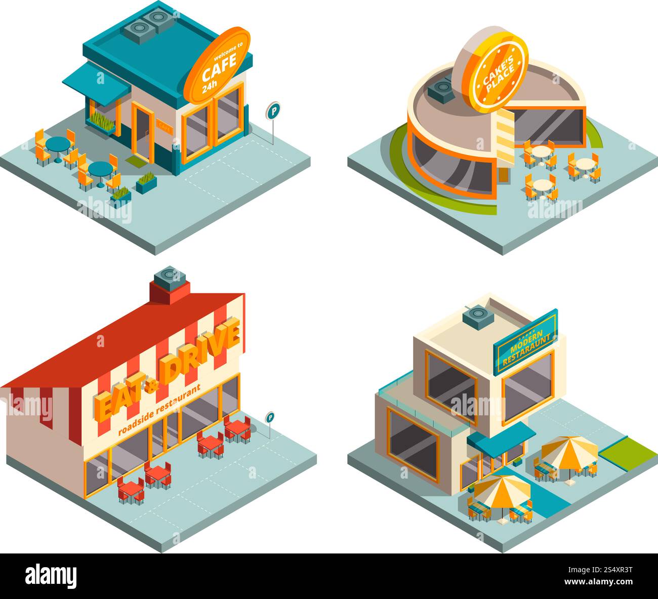 City cafe buildings. Isometric pictures. City isometric building cafe ...