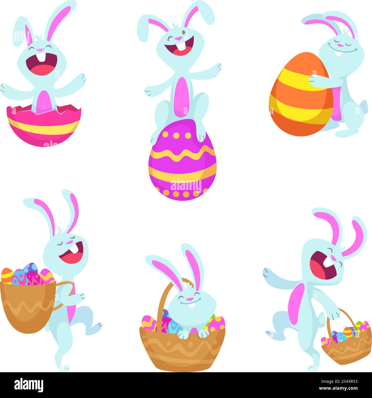 Set characters of easter rabbits. Bunny with basket amd colored eggs ...