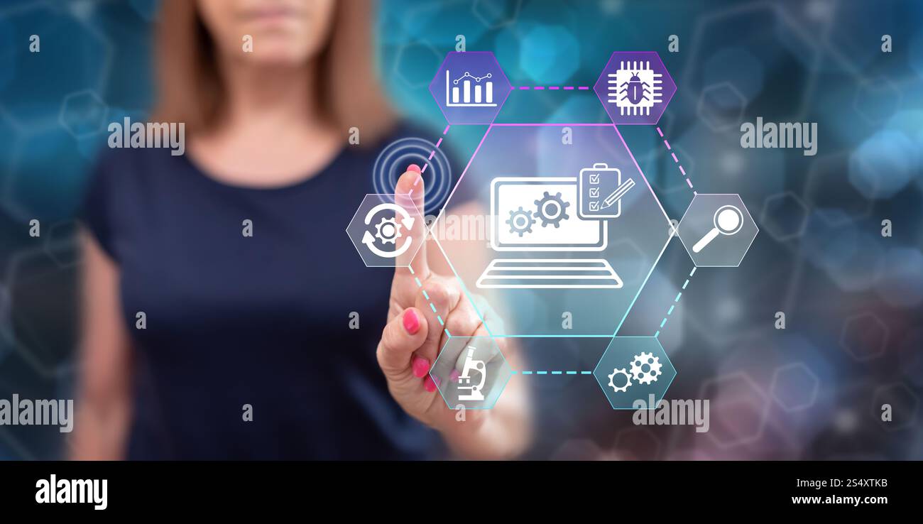 Woman touching a software testing concept on a touch screen with her ...