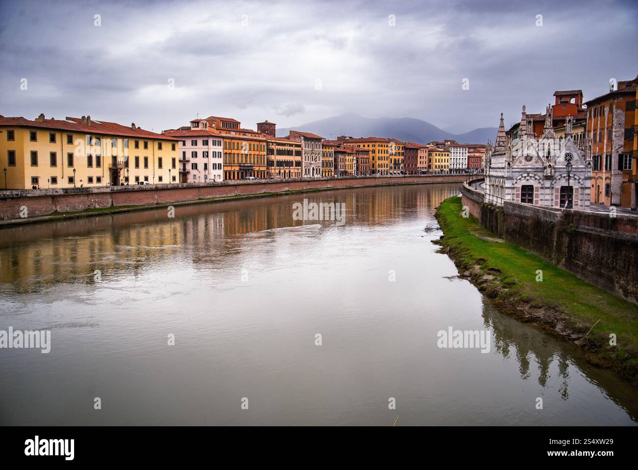 Pisa, Italy skyline on the Arno River with Chiesa di Santa Maria della ...