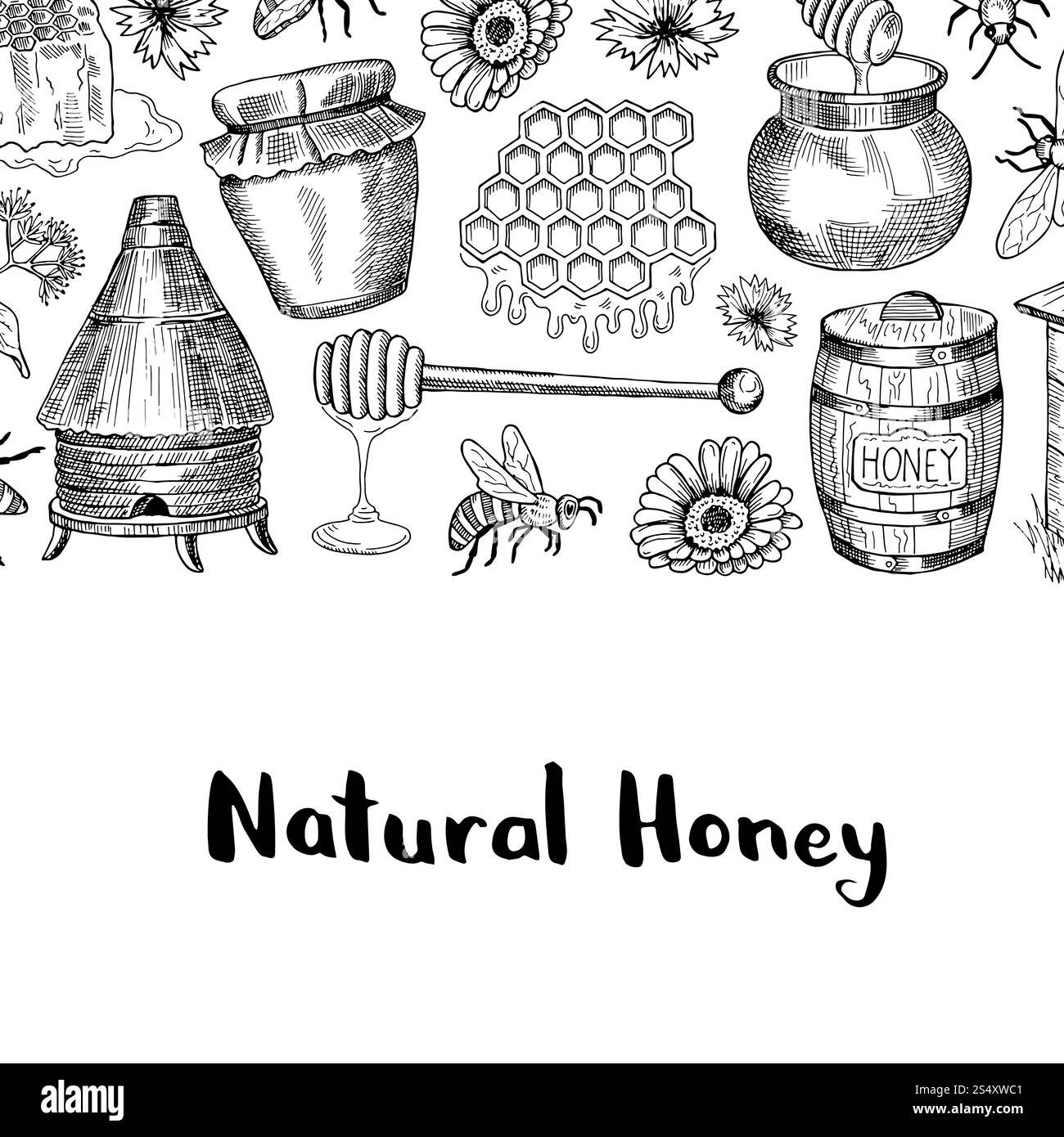 Vector background with sketched honey theme elements with place for ...
