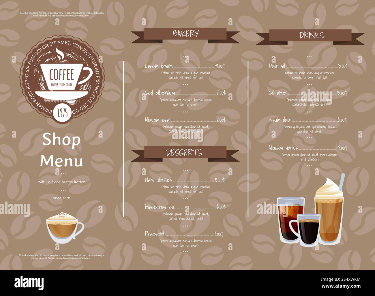 Vector coffee shop horizontal menu template. Illustration of cafe menu ...