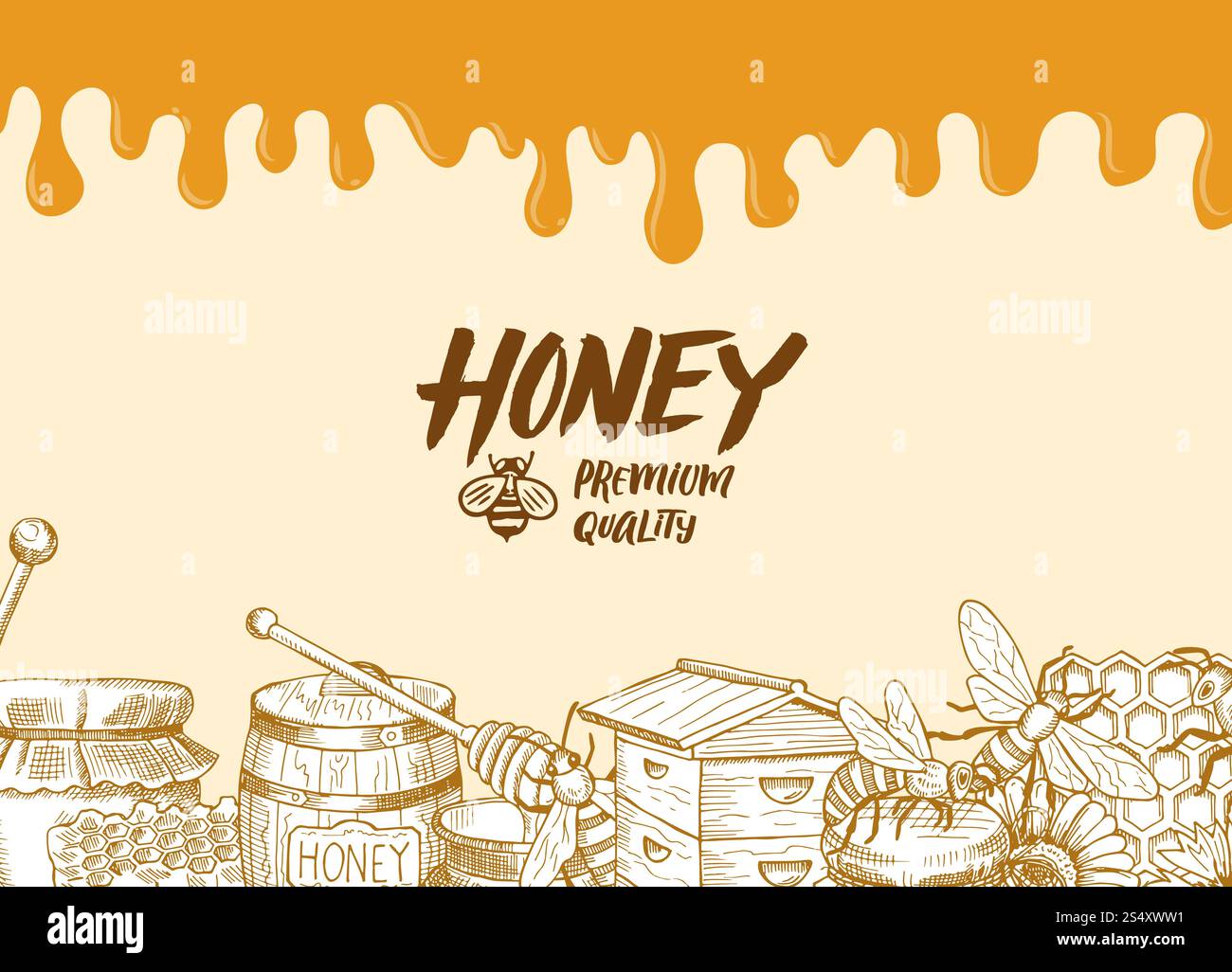 Vector background with sketched contoured honey theme elements ...