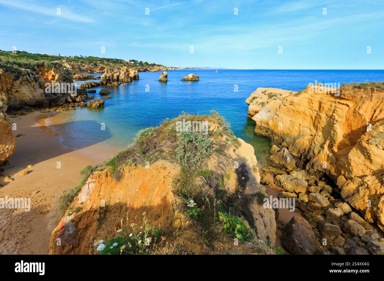 Sandy beach and summer Atlantic rocky coast top view (Albufeira ...