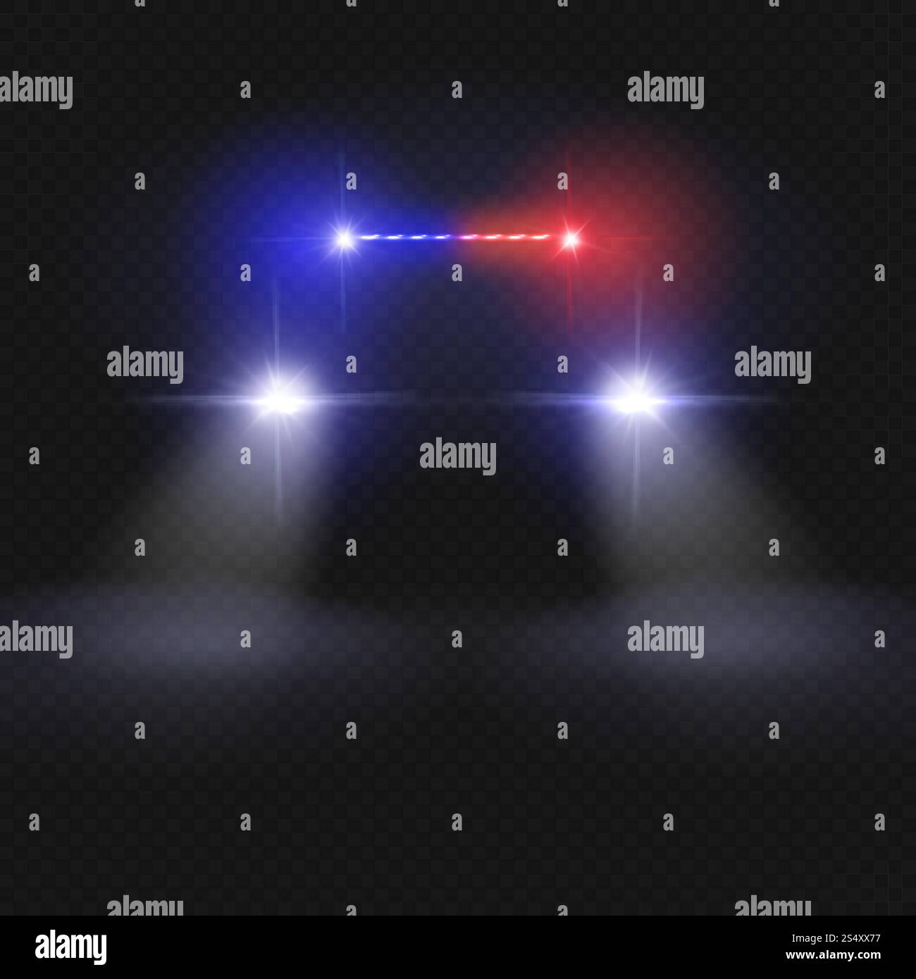 Police car headlight beams isolated on dark transparent background ...
