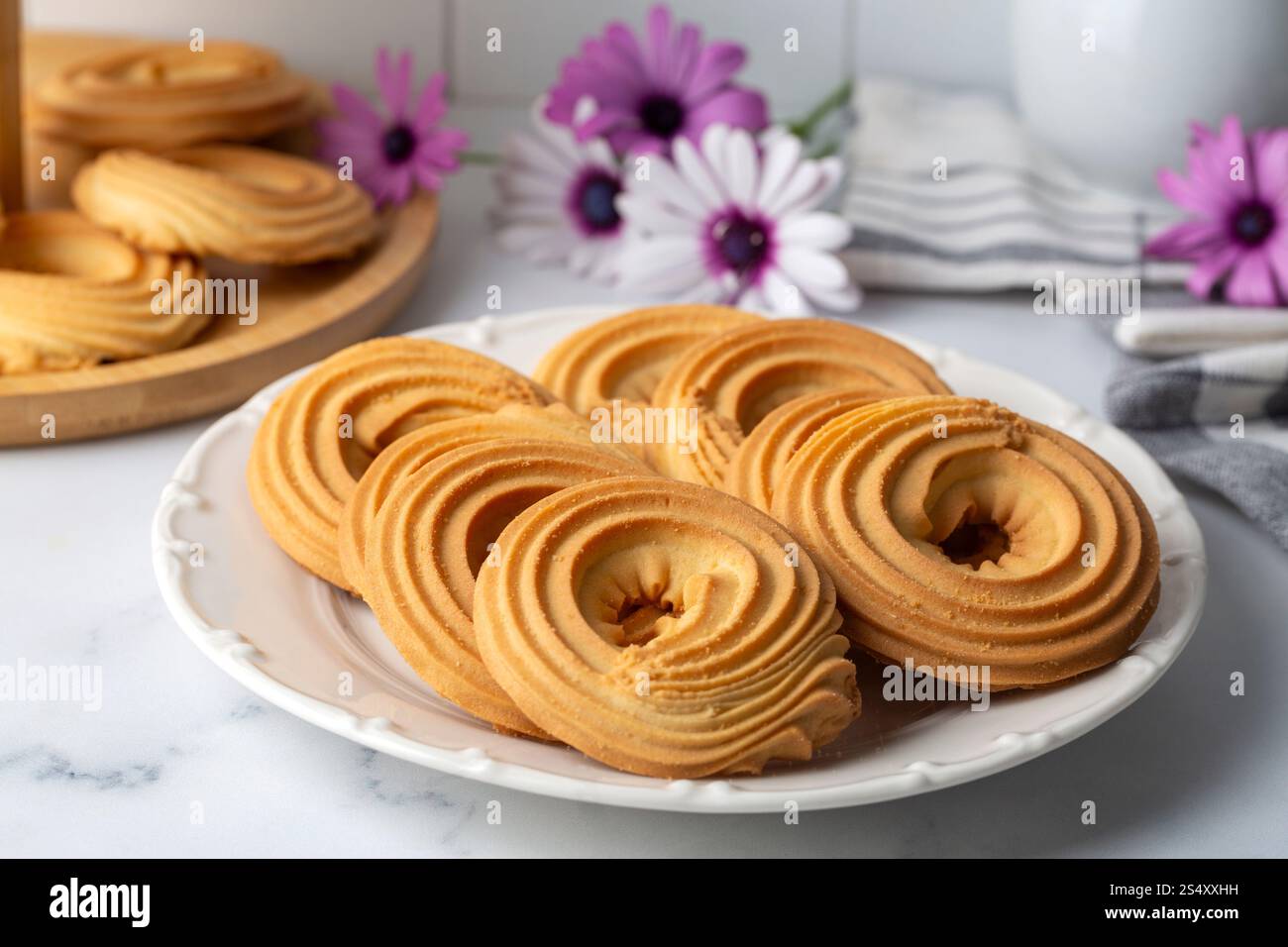Sweet and tasty round butter cookies. Round ring shaped German spritz ...