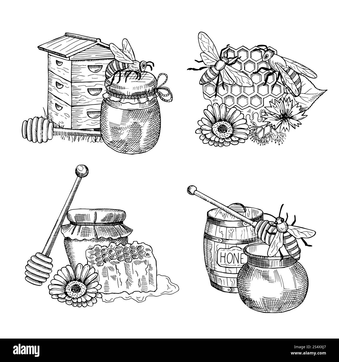 Vector piles of hand drawn honey elements set. Illustration of honey ...