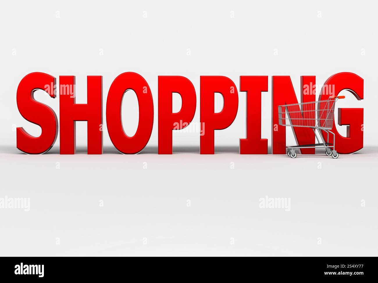 Big red word Shopping and shopping cart on white background. 3d render ...