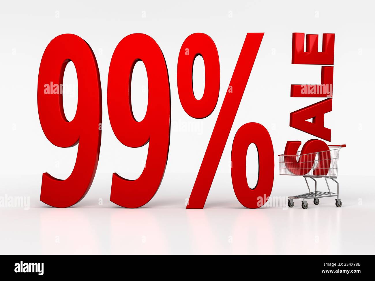 Big red ninety nine percent discount sign in shopping trolley on white ...