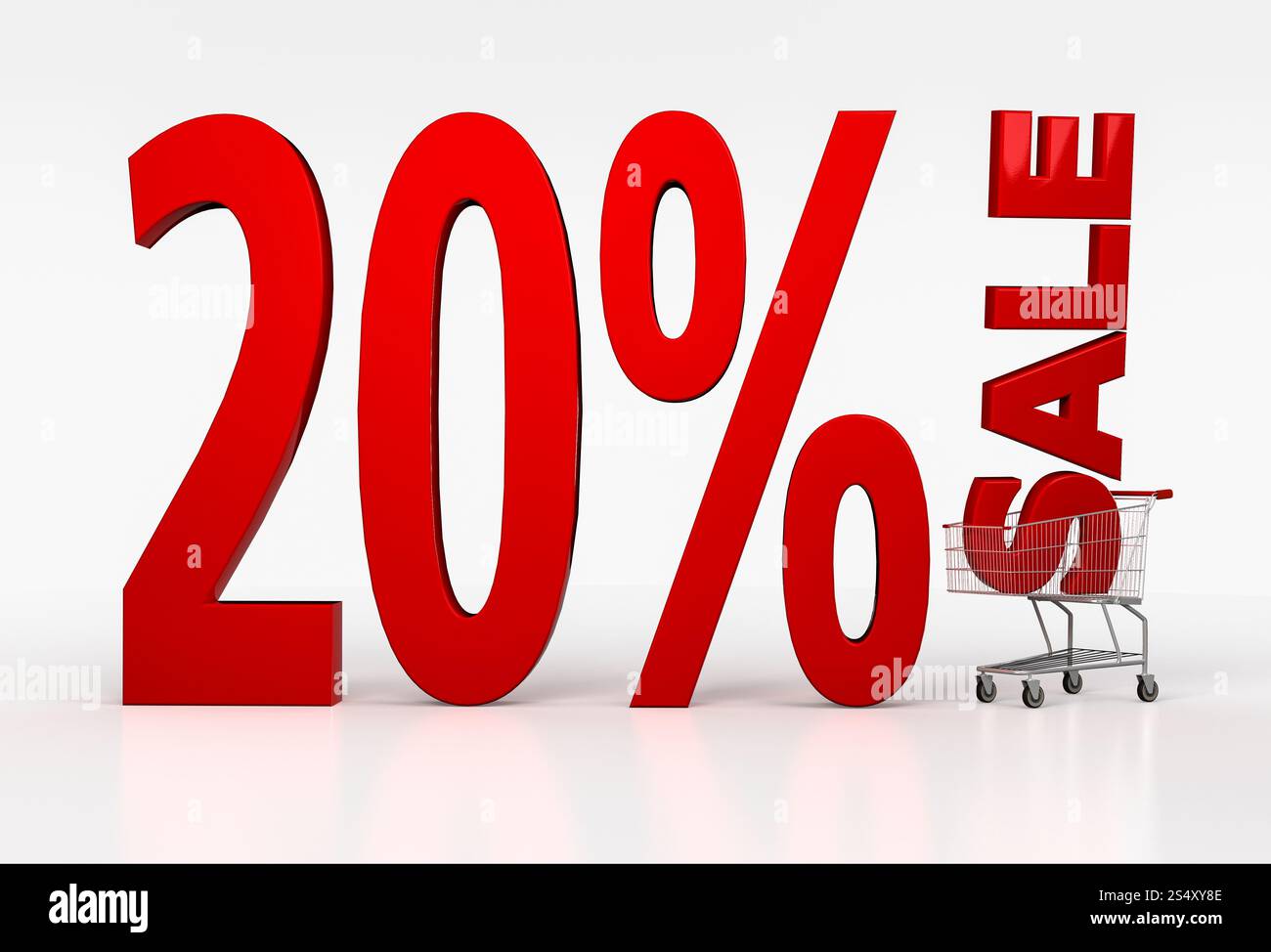 Twenty percent sale big red sign and shopping cart on white background ...