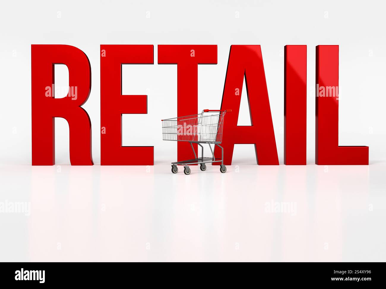 Big red word retail on white background next to shopping cart. 3d ...