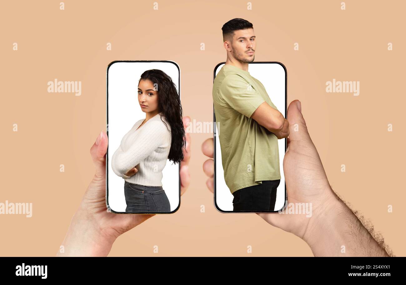 Couple communicating online through smartphones while maintaining ...