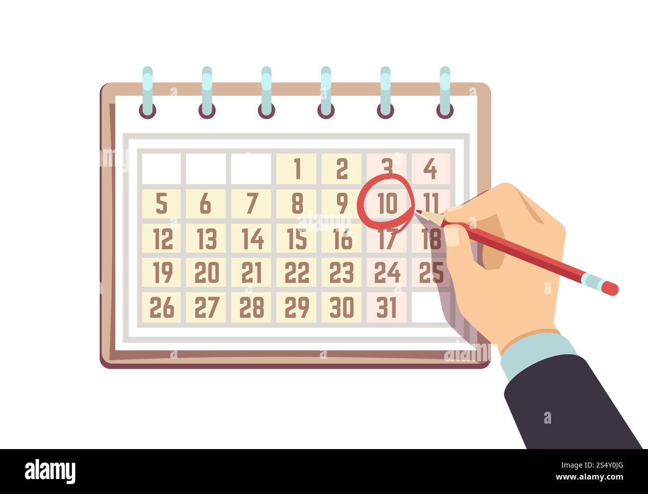 Hand with pen marks date in calendar. Deadline and important events ...