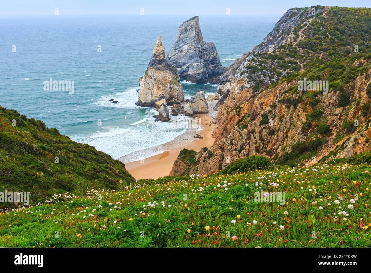 Atlantic ocean coast (granite boulders and sea cliffs) in cloudy ...
