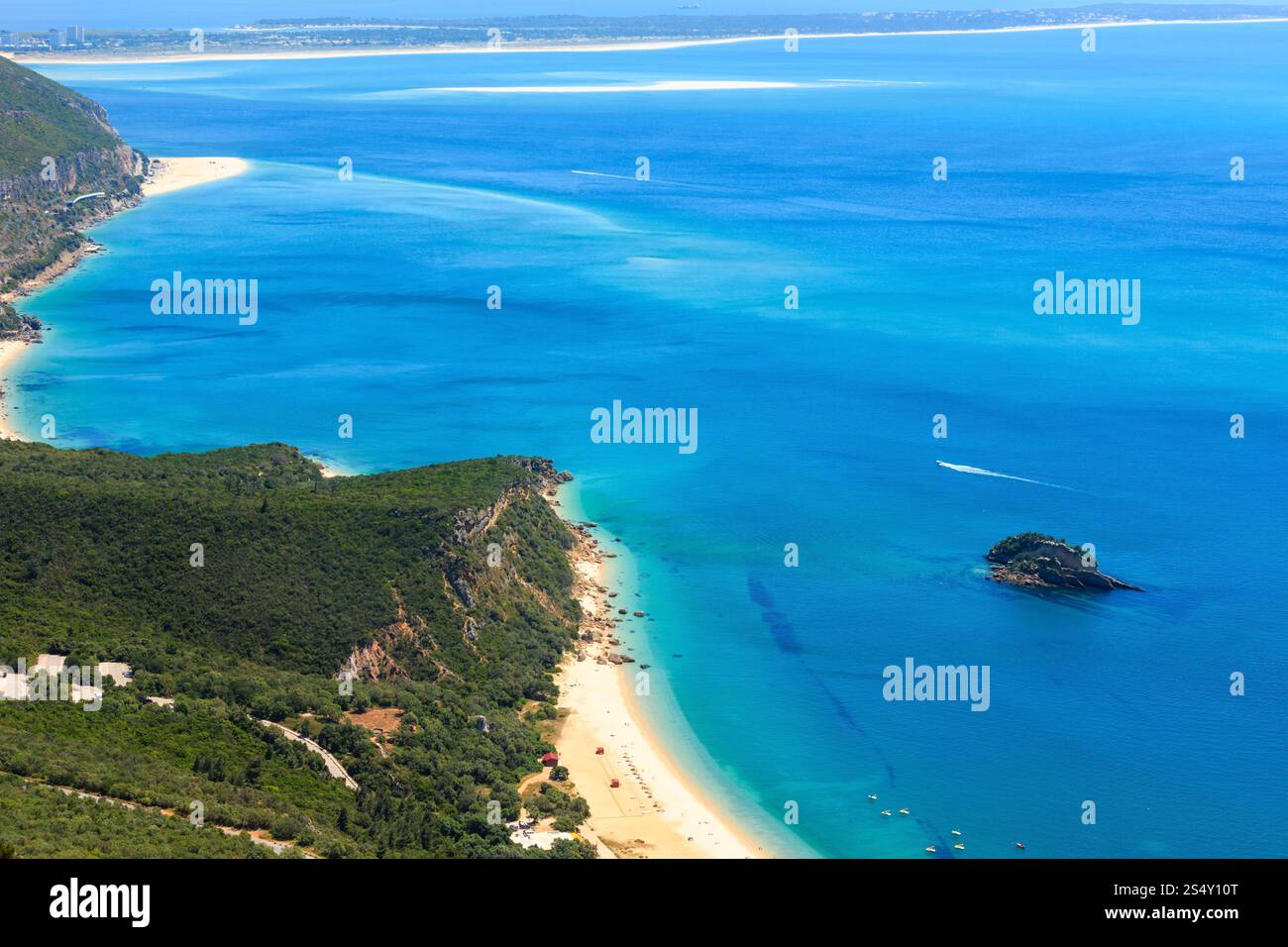 Summer sea coastal landscape with sandy Portinho beach. Top view from ...