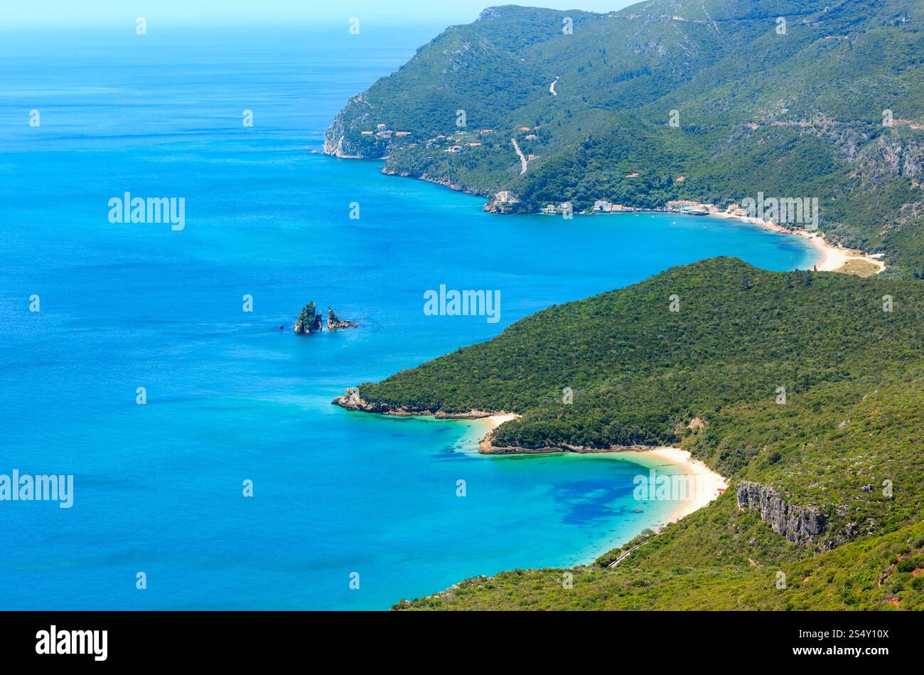Summer sea coastal landscape (with sandy beach) of Nature Park Arrabida ...