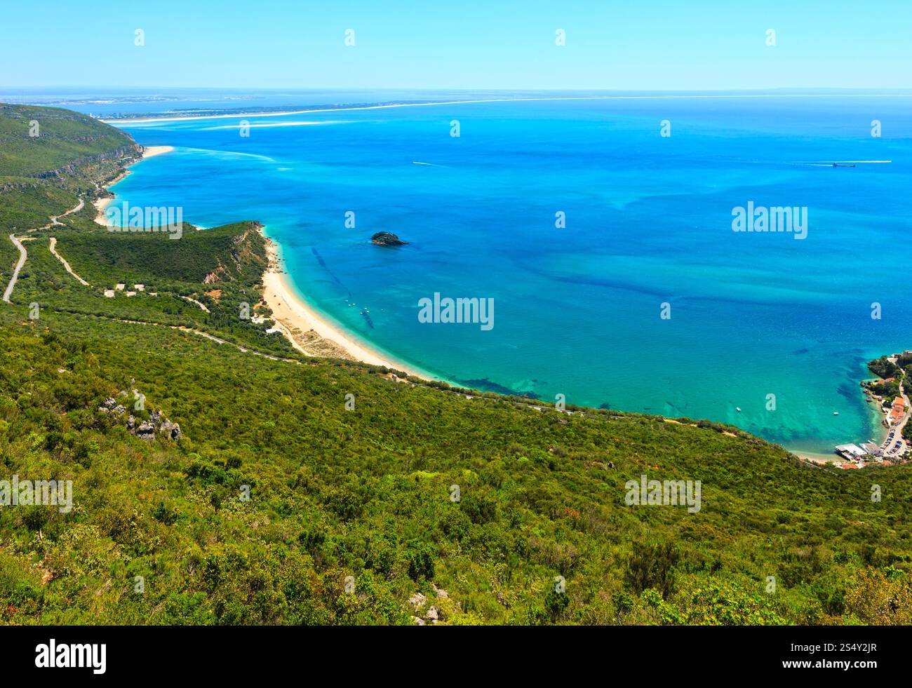 Summer sea coastal landscape with sandy Portinho beach. Top view from ...