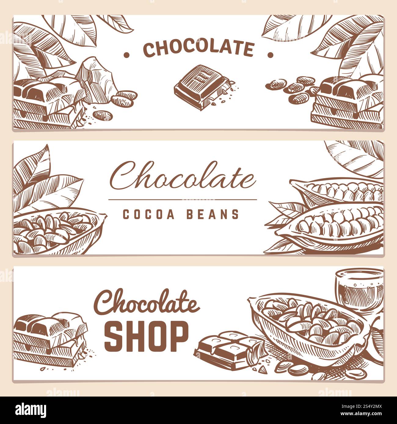 Cocoa beans, chocolate product horizontal vector banners set. Bean ...