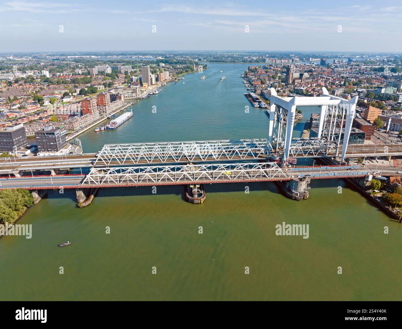 Aerial from the City bridge at the Oude Maas near Dordrecht in the ...