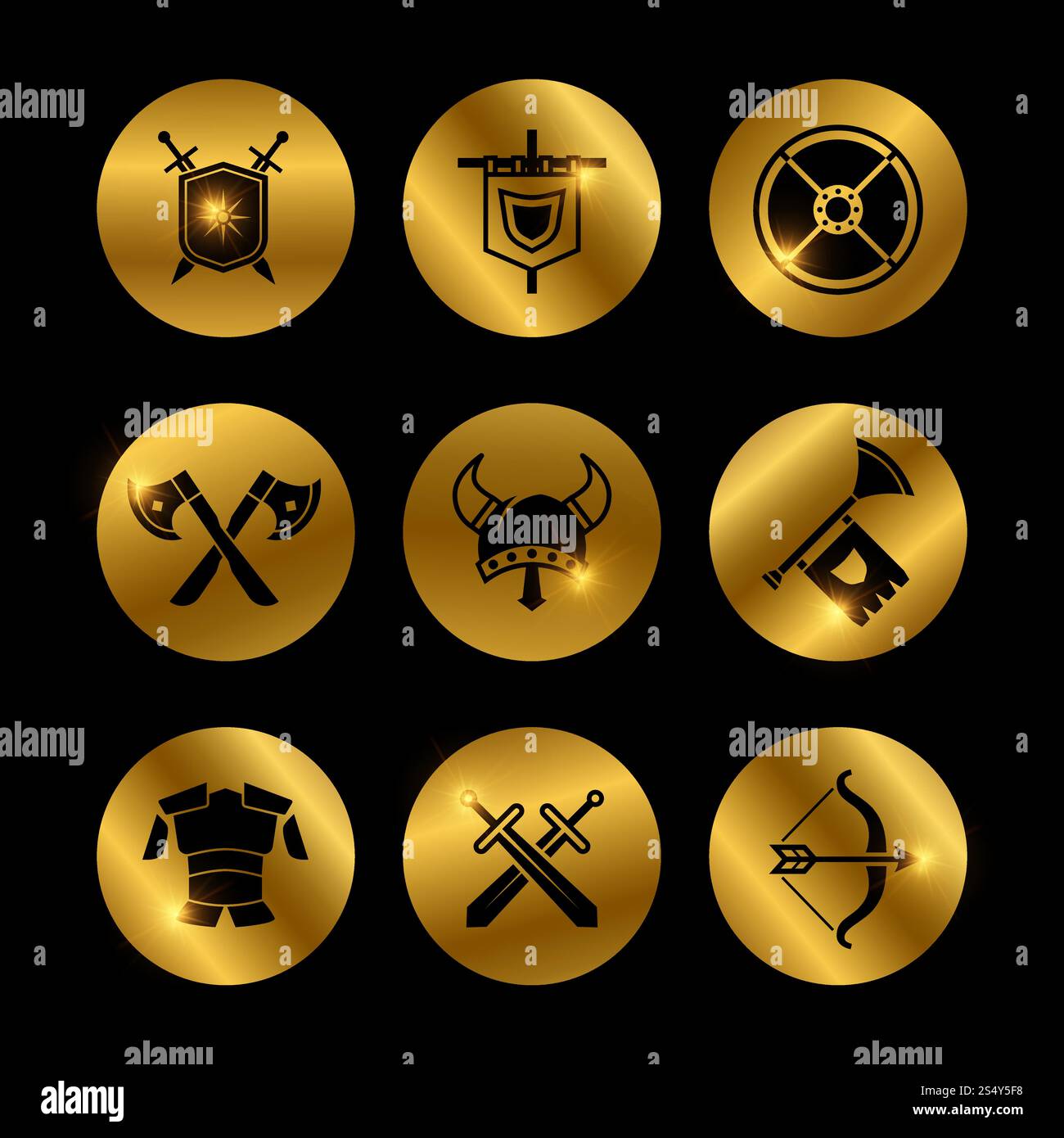 Gold vintage warrior medieval icons with lights isolated on black ...