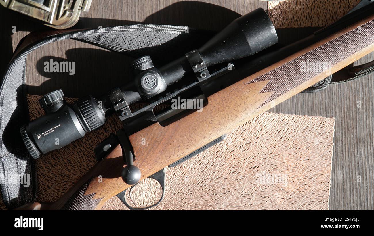 Hunting rifle with hunting equipment on a wooden table, sunlight is ...