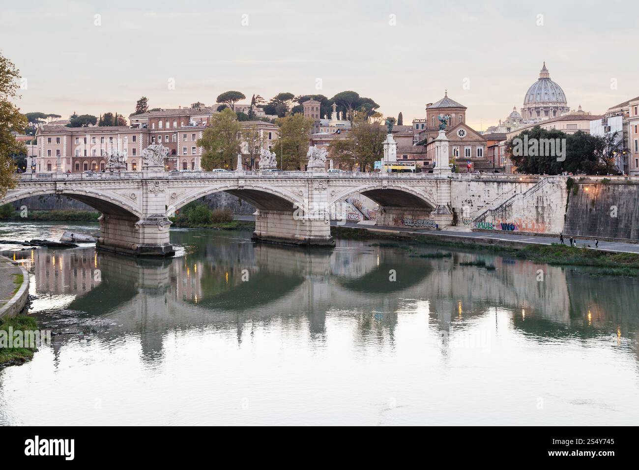 travel to Italy - Rome city skyline with Tiber River, and bridge Ponte ...