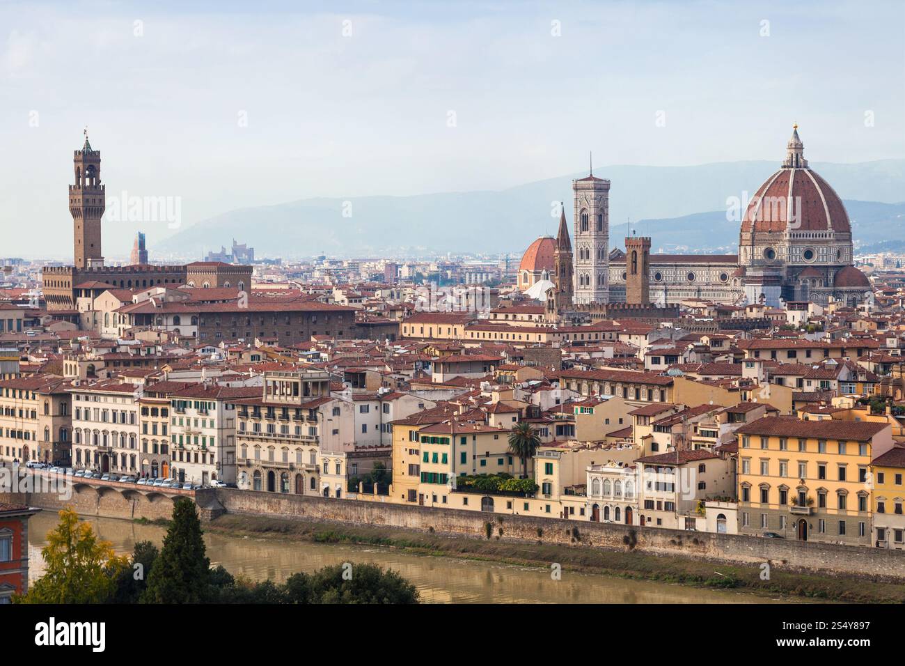 travel to Italy - above view of old town in Florence from Piazzale ...